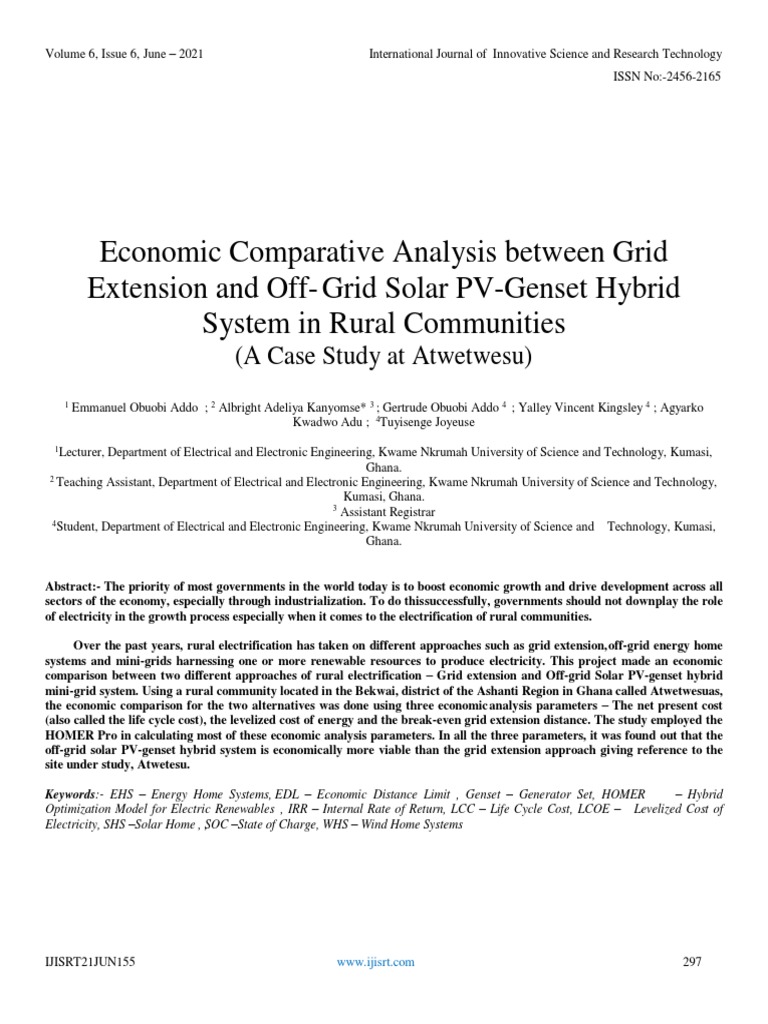Economic Comparative Analysis Between Grid Extension and Off-Grid Solar ...