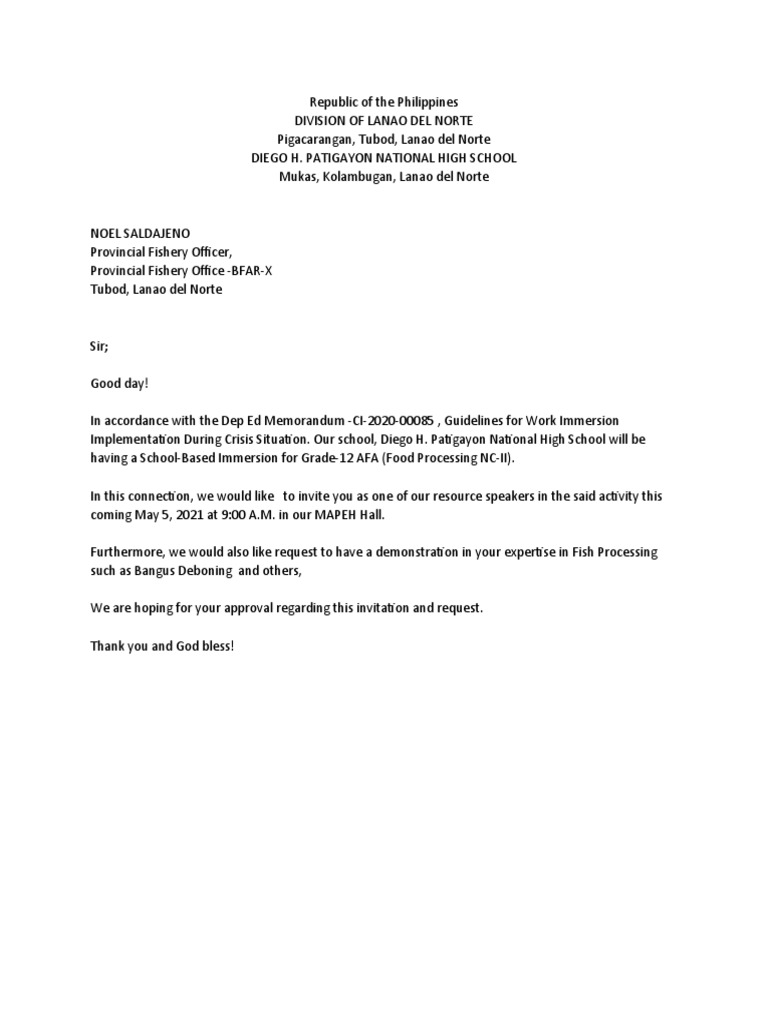 Bfar - Letter For Immersion | PDF