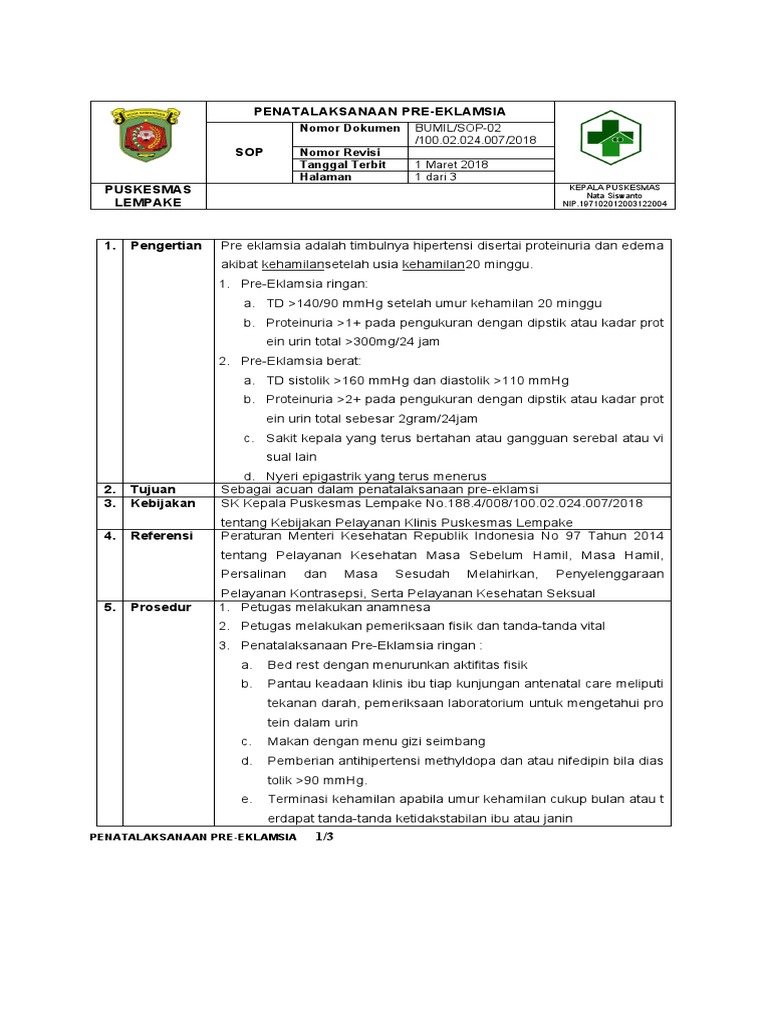 Sop Penatalaksanaan Pre-Eklamsia | PDF