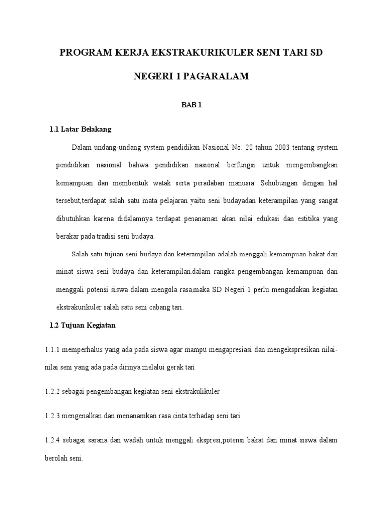 Program Kerja Ekstrakurikuler Seni Tari SD Negeri 1 Pagaralam | PDF