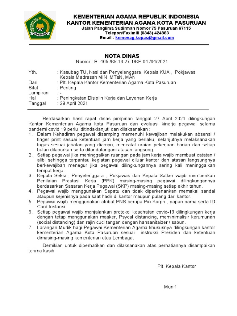 Nota Dinas Peningkatan Disiplin Dan Layanan Kinerja | PDF