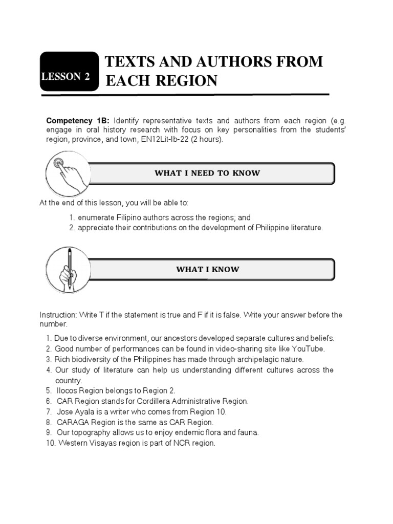Texts and Authors From Each Region: Lesson 2 | PDF | Philippines