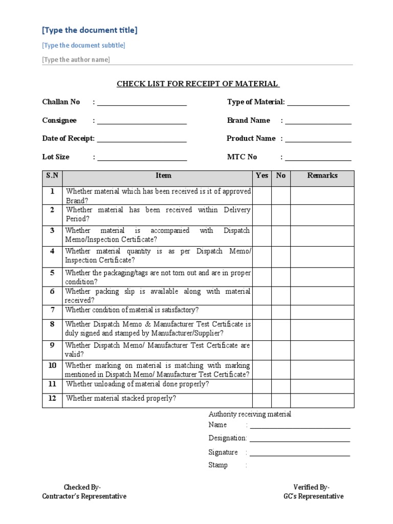 Checklist For Receipt of Material | PDF