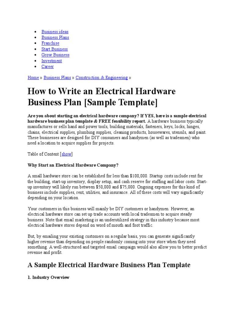 How To Write An Electrical Hardware Business Plan (Sample Template ...