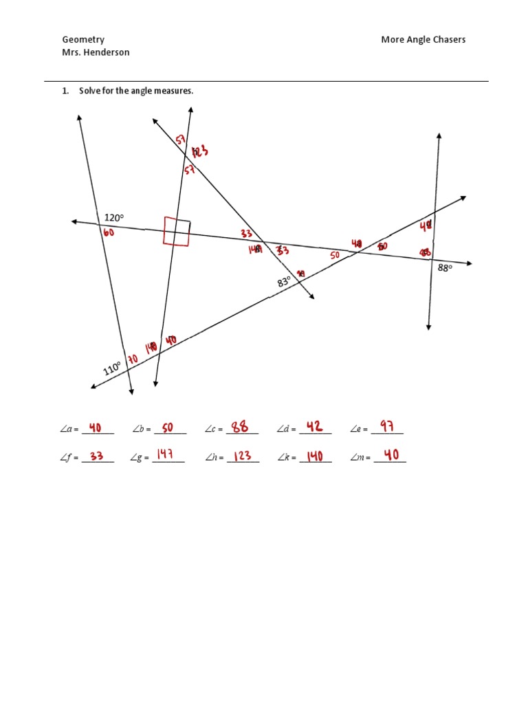 Geometry More Angle Chasers Mrs. Henderson: 1. Solve For The Angle ...