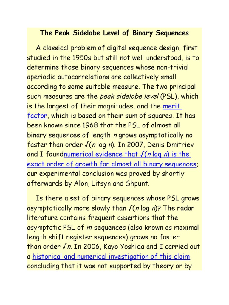 The Peak Sidelobe Level of Binary Sequences: Merit Factor | PDF | Series (Mathematics ...