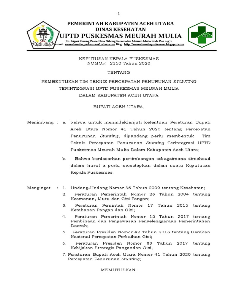SK Tim Teknis Penurunan Stunting Puskesmas | PDF
