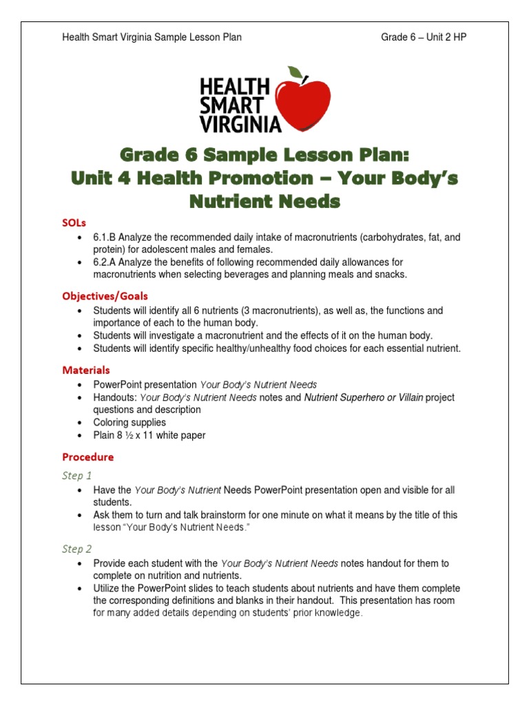 Grade 6 Nutrient Superhero Lesson Plan | PDF | Fat | Nutrients