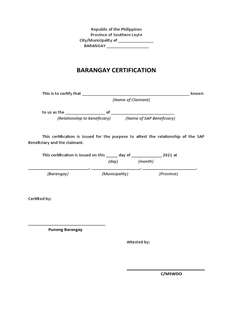 Barangay Certification Attesting Relationship.v.2 | PDF