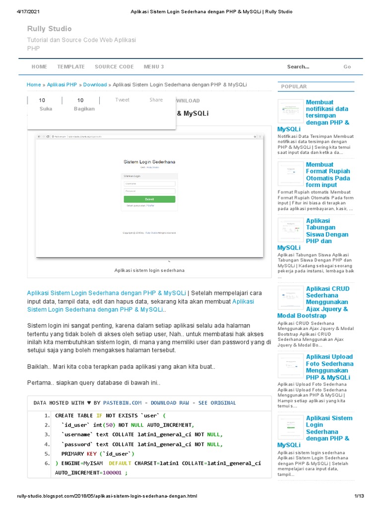 Aplikasi Sistem Login Sederhana Dengan PHP & MySQLi - Rully Studio | PDF