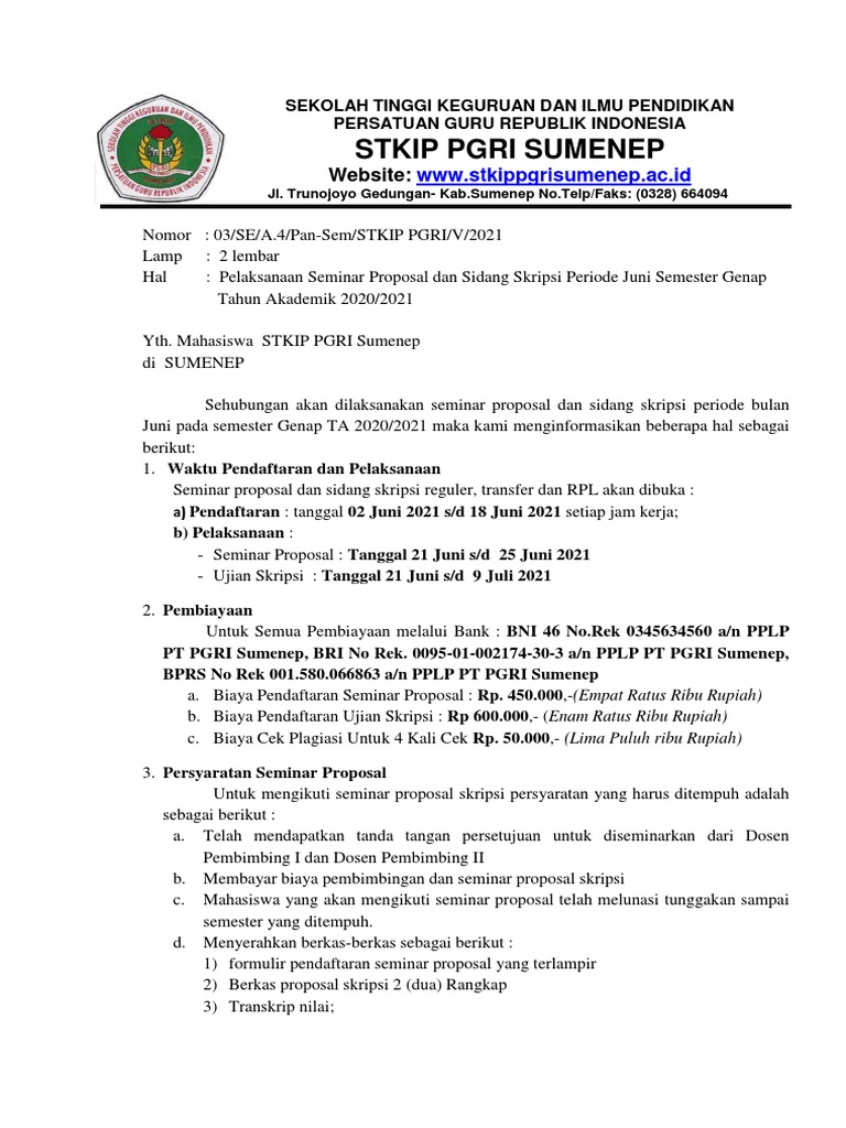 Surat Edaran Sempro Dan Ujian Skripsi Juni 2021 | PDF