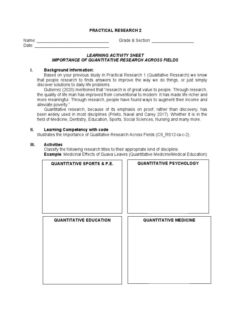 Learning Activity Sheet Importance of Quantitative Research Across ...