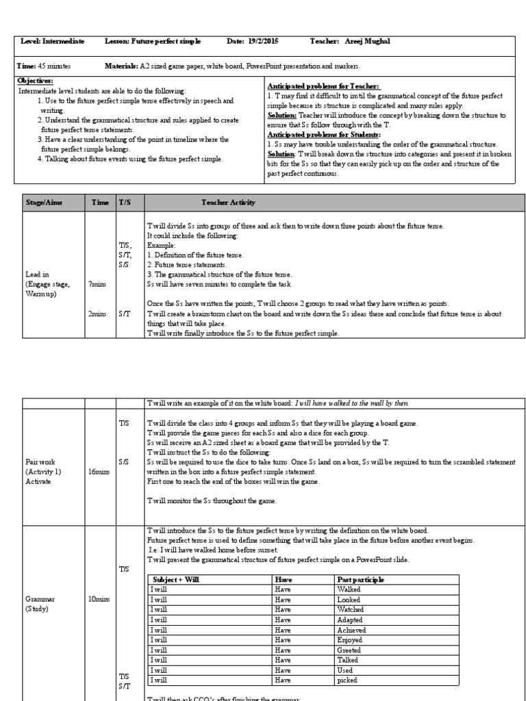 1 Future Perfect Simple | PDF | Grammatical Tense | Perfect (Grammar)