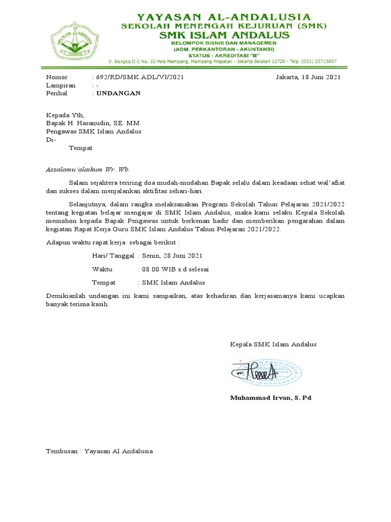 Surat Undangan Raker Untuk Pengawas 21-22 | PDF