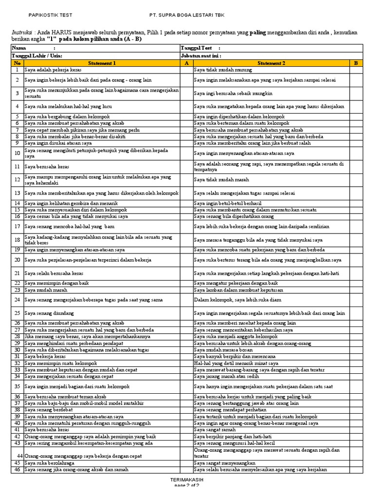 Deskripsi Diri untuk Psikotes PAPIKOSTIK | PDF | Pengembangan Diri