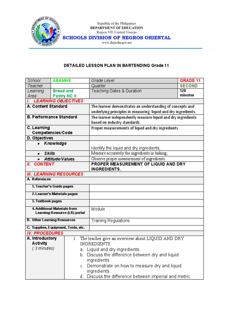Bartending Lesson Plan Overview | PDF | Measurement | Rubric (Academic)