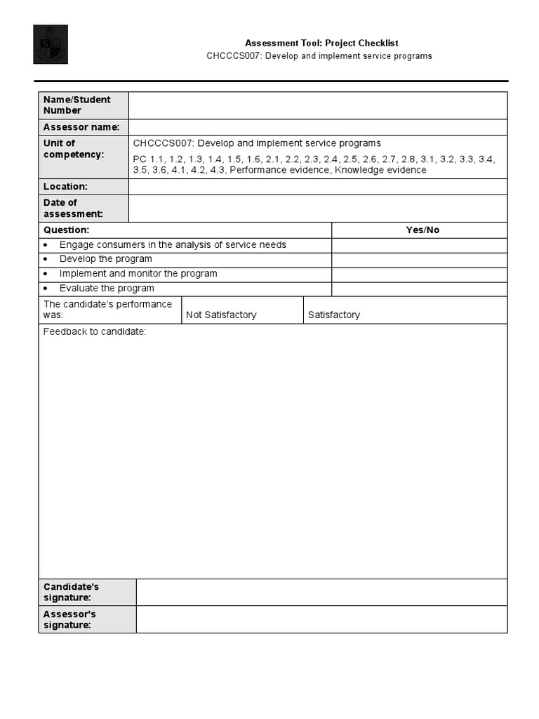 Name/Student Number Assessor Name: Unit of Competency:: CHCCCS007 ...