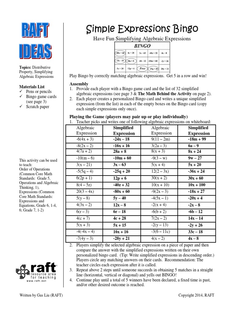 Simple Expressions Bingo: Have Fun Simplifying Algebraic Expressions ...