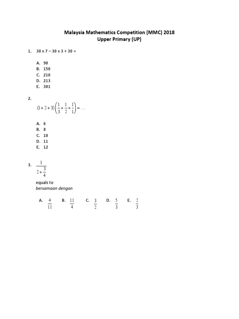 Malaysia Mathematics Competition (MMC) 2018 Upper Primary (UP) | PDF ...