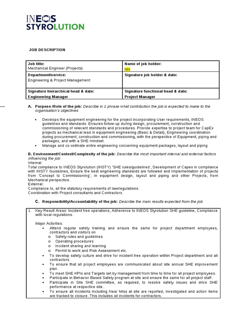 JD - Mechanical Engineer - Projects | PDF | Specification (Technical ...