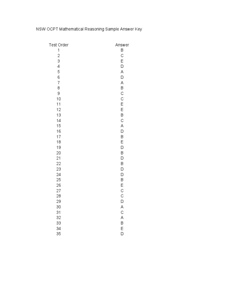 NSW OCPT Mathematical Reasoning Sample Answer Key | PDF