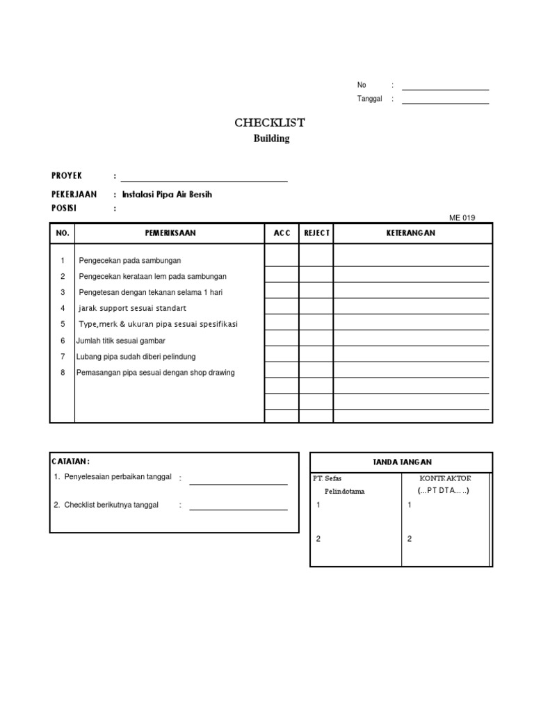 Instalasi Pipa Air Bersih Checklist | PDF
