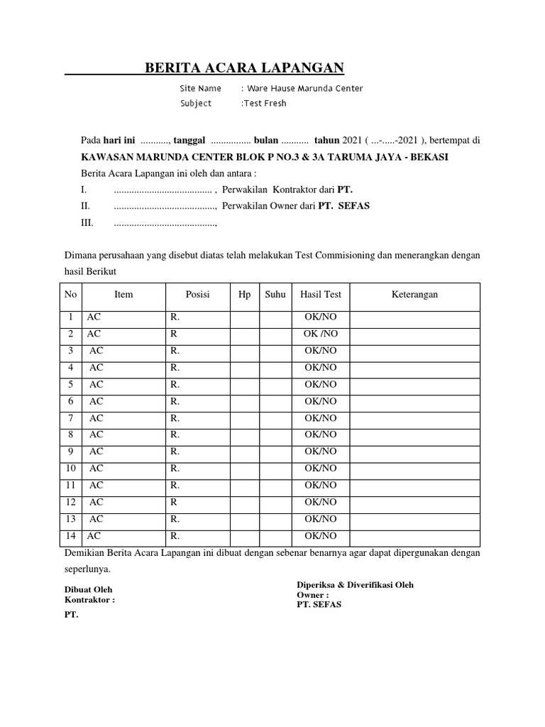 Berita Acara Lapangan: Kawasan Marunda Center Blok P No.3 & 3A Taruma Jaya - Bekasi | PDF