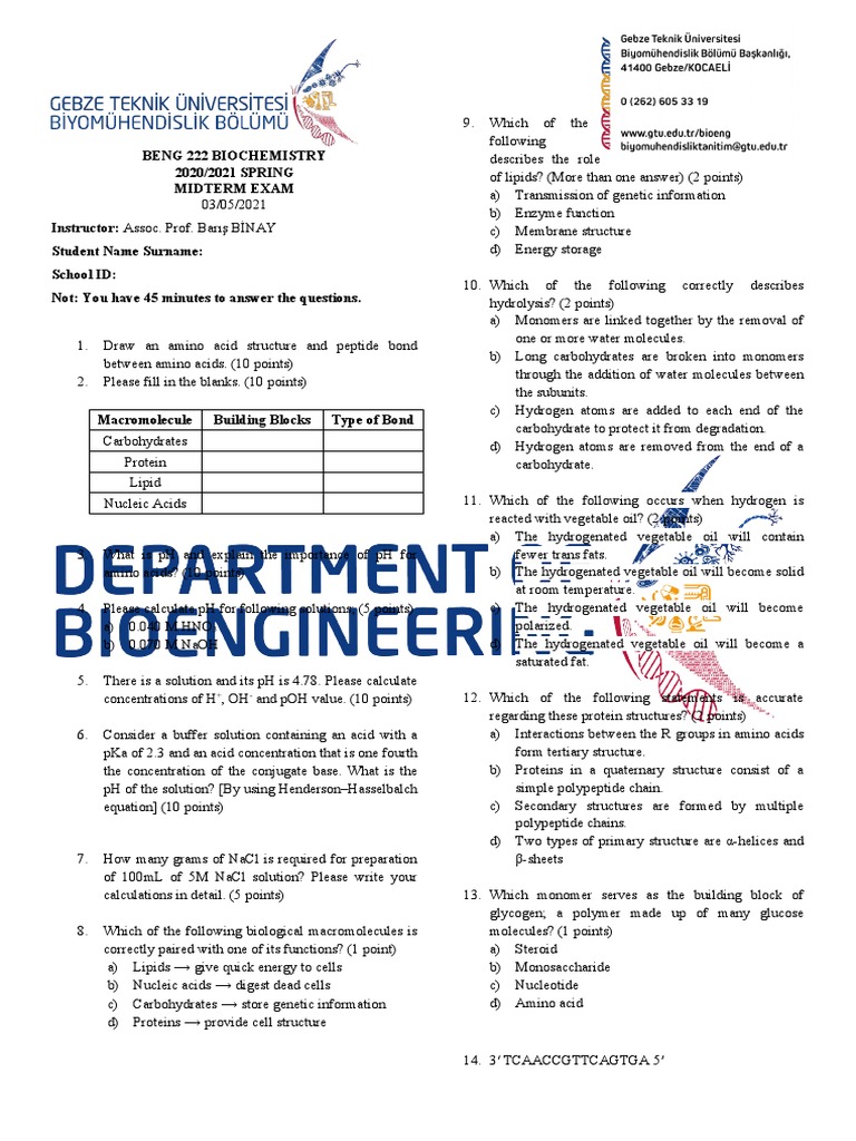 Analysis of Biochemistry Midterm Exam Questions | PDF | Biomolecular ...