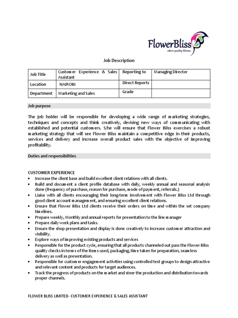 JD - Customer Experience & Sales Assistant | PDF | Sales | Marketing ...