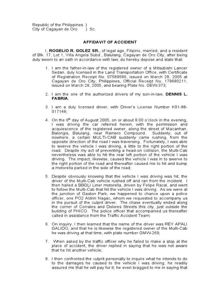 Affidavit of Accident | PDF | Affidavit | Transport