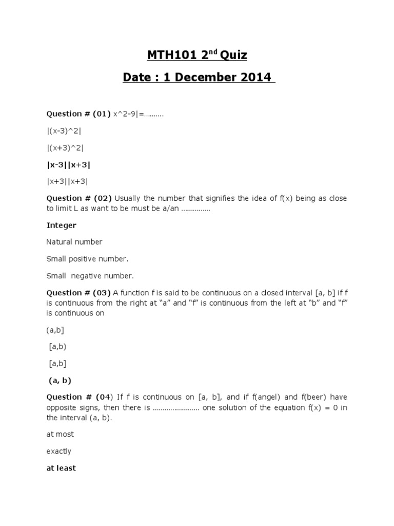 mth101 Solved Quiz No 2 Fall 2014 | PDF
