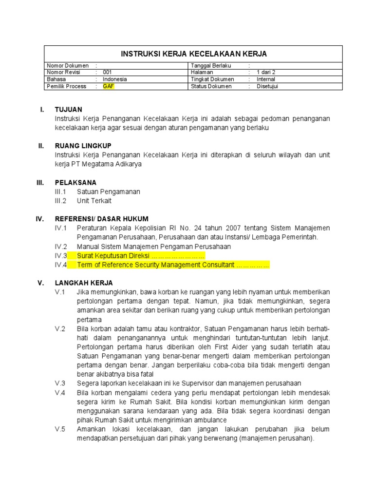 4) - SS - WI011 - SMP - Instruksi Kerja Kecelakaan Kerja | PDF