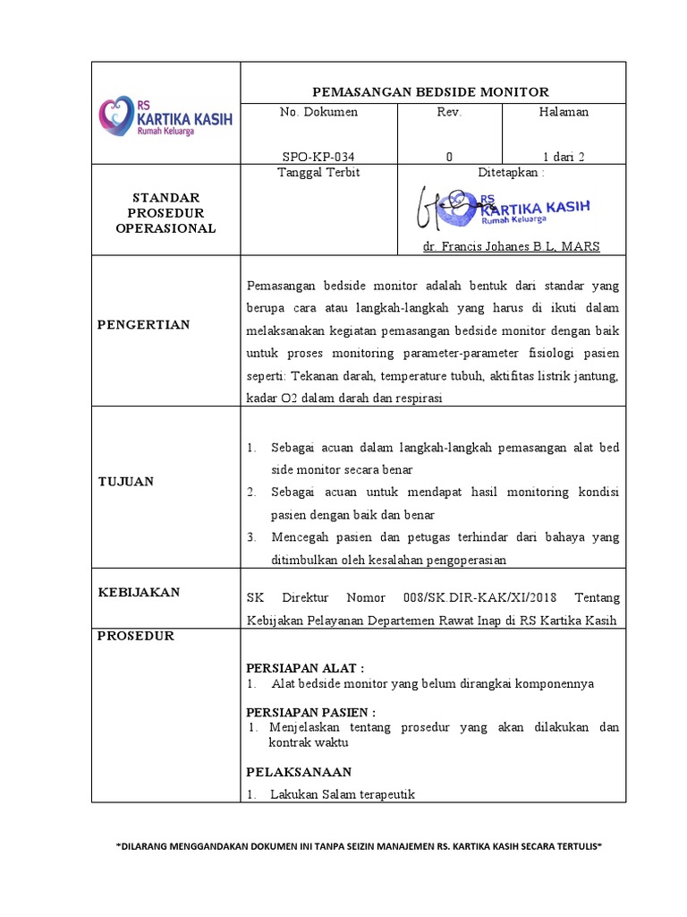 Spo Pemasangan Bedside Monitor | PDF