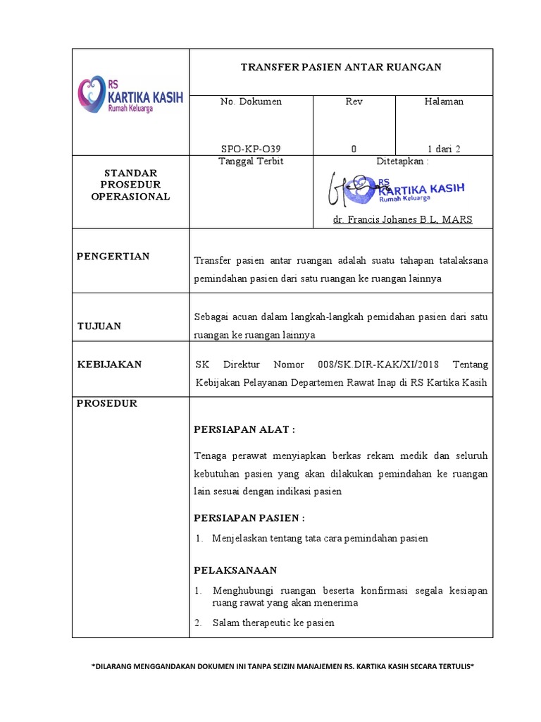 Spo Transfer Pasien Antar Ruangan | PDF