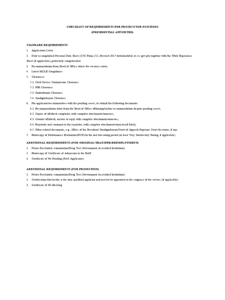 Checklist of Requirements For Prosecutor Positions (Presidential ...