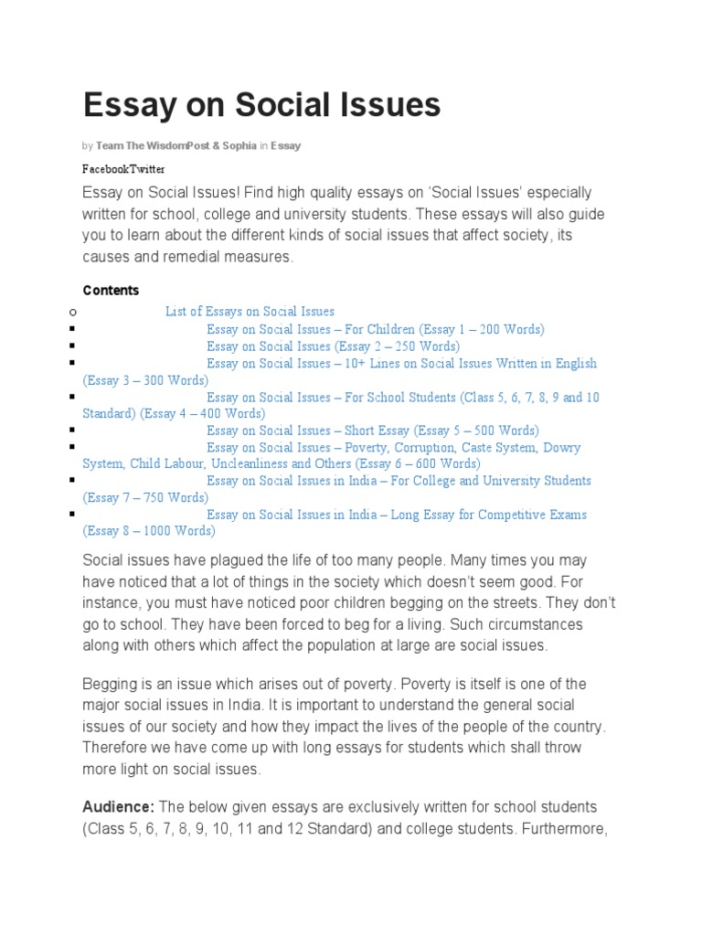 Essays on Social Issues - Topics for Students | PDF | Human Nature | Policy