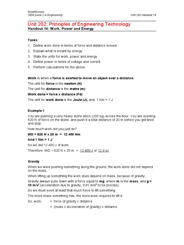 Unit 202: Principles of Engineering Technology: Handout 14: Work, Power ...