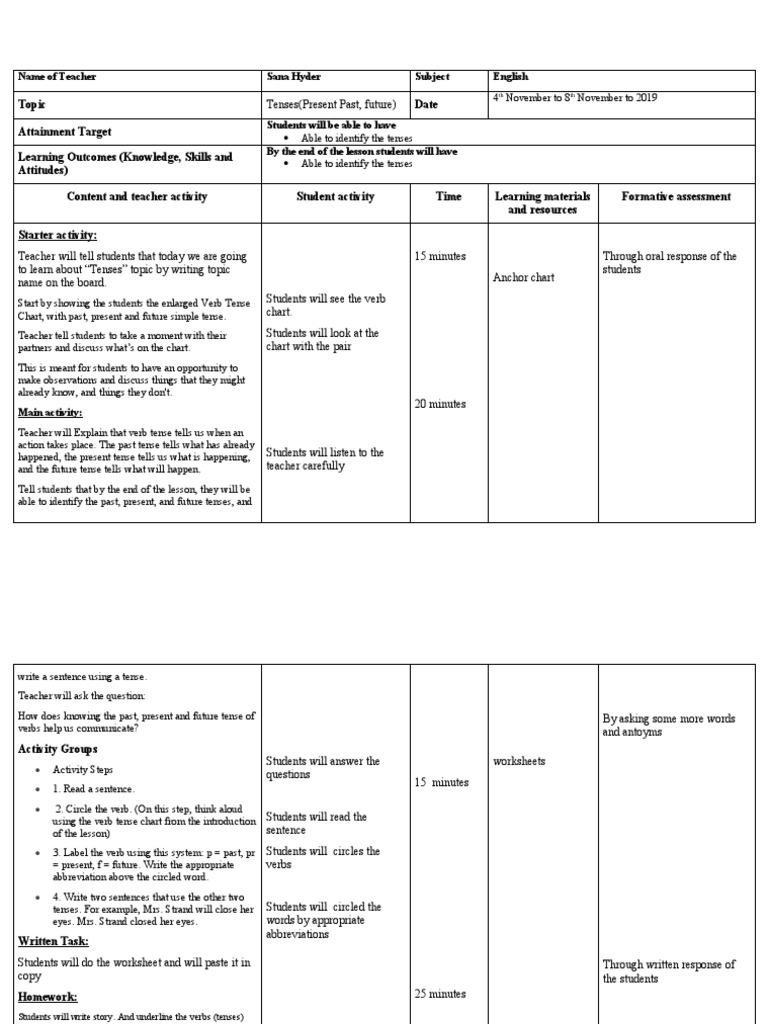 Lesson Plan Tenses | PDF | Grammatical Tense | Verb