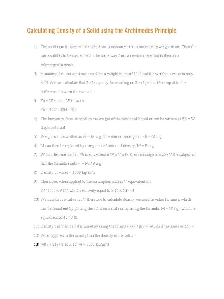 Calculating Density of A Solid Using The Archimedes Principle | PDF