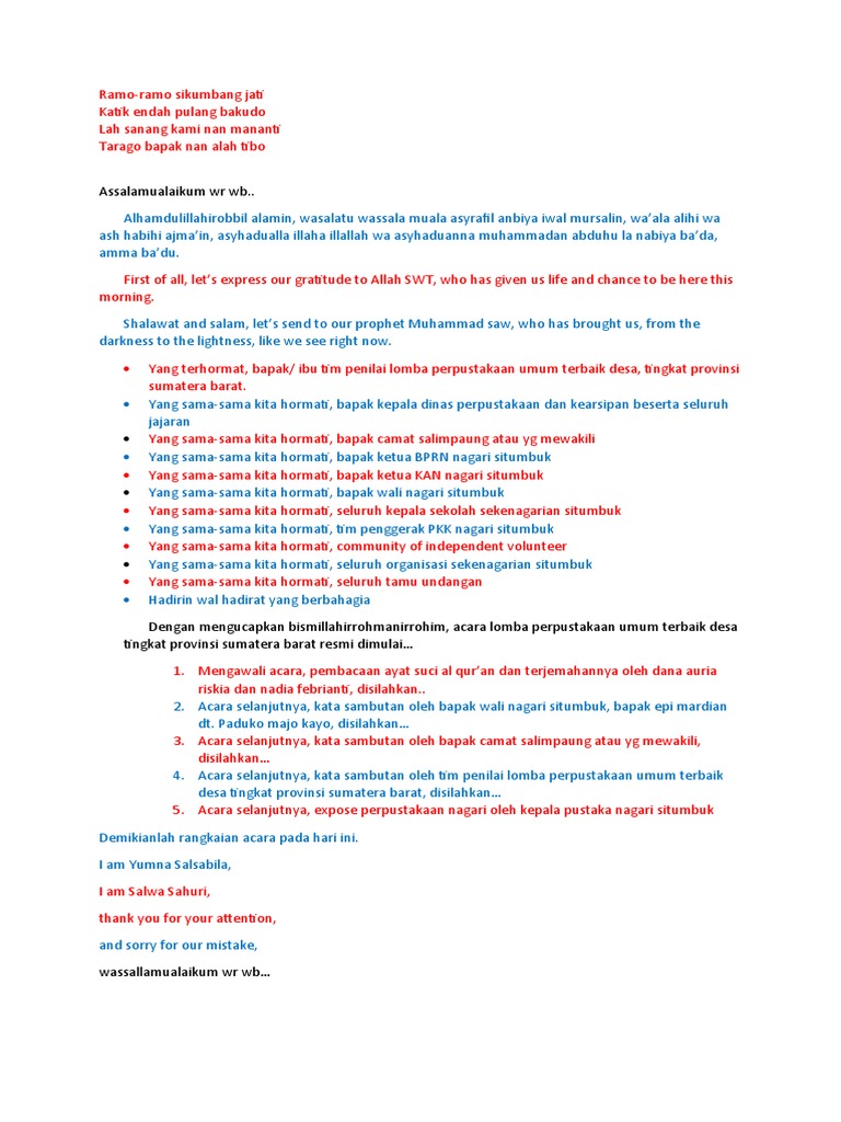 Teks MC Lomba Perpustakaan Nagari | PDF