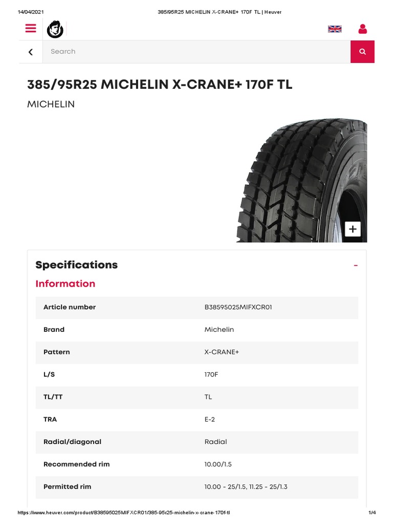 385 - 95R25 MICHELIN X-CRANE+ 170F TL - Heuver | PDF | Tire | Wheel