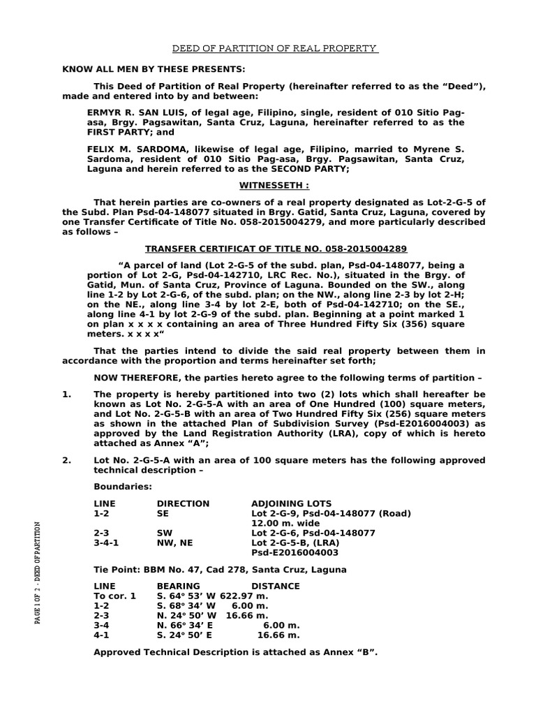 Deed of Partition of Real Property | PDF | Land Law | Private Law