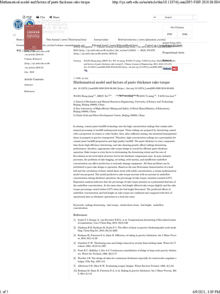 Mathematical Model and Factors of Paste Thickener Rake Torque | PDF ...