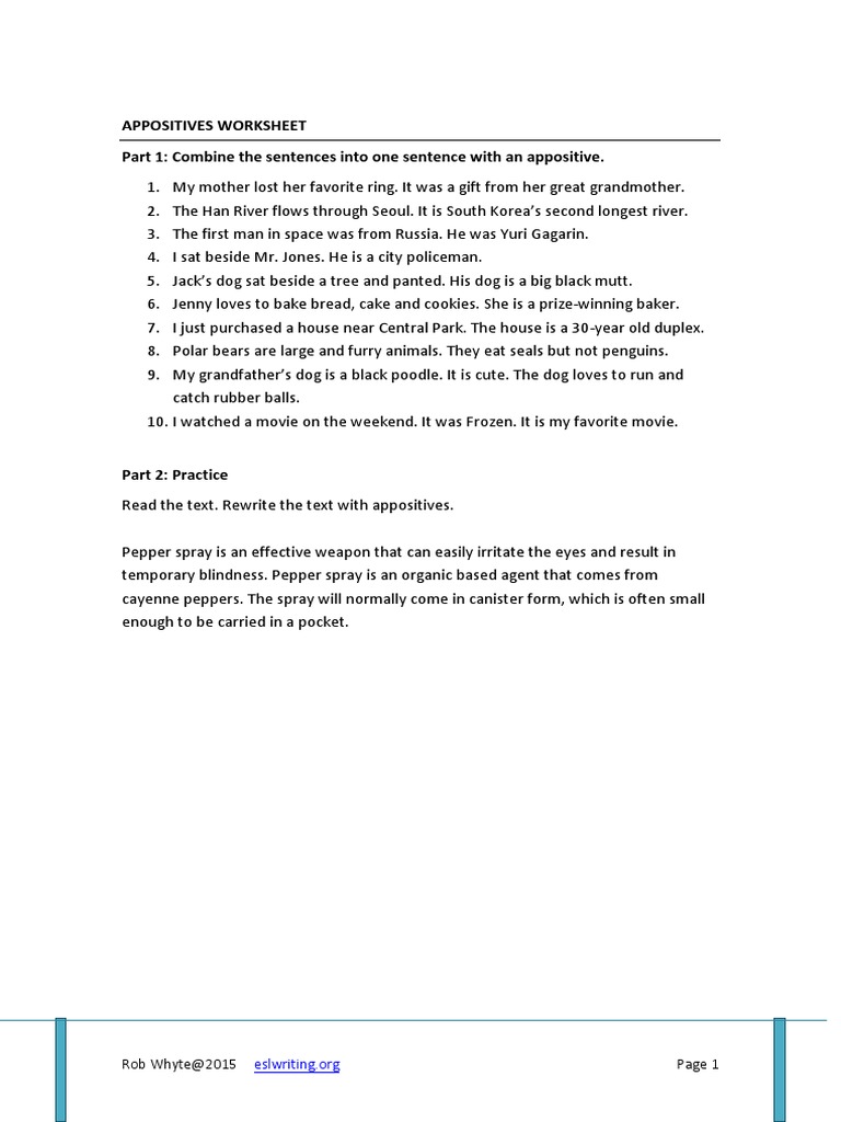 Appositives Worksheet Part 1: Combine The Sentences Into One Sentence ...