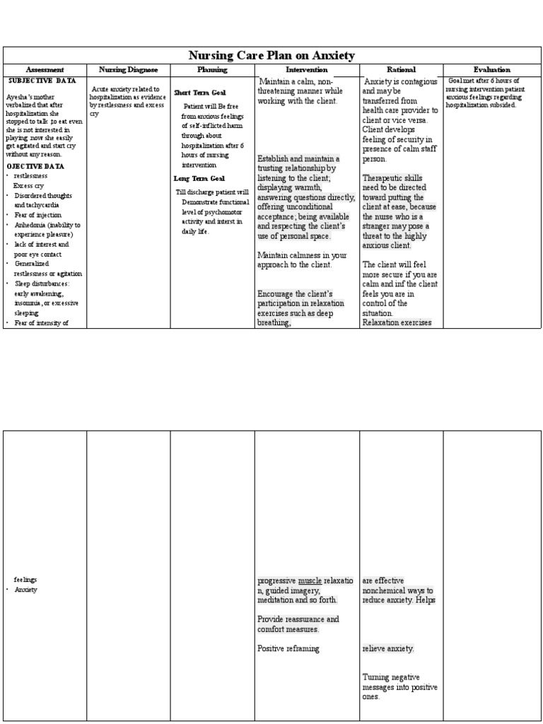Nursing Care Plan On Anxiety: Assessment Nursing Diagnose Planning Intervention Rational ...