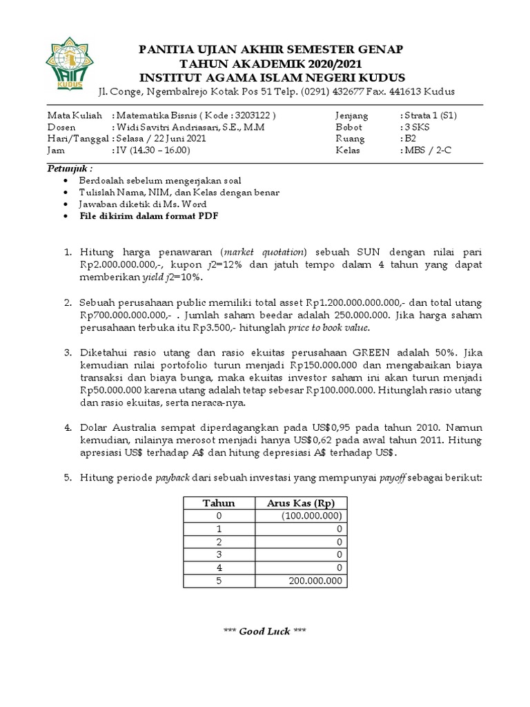 UAS Matematika Bisnis MBS 2C | PDF