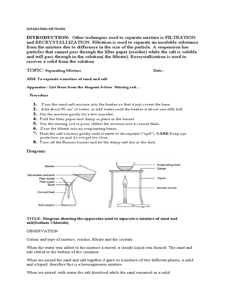 Separating a Mixture of Sand and Salt through Filtration | PDF ...