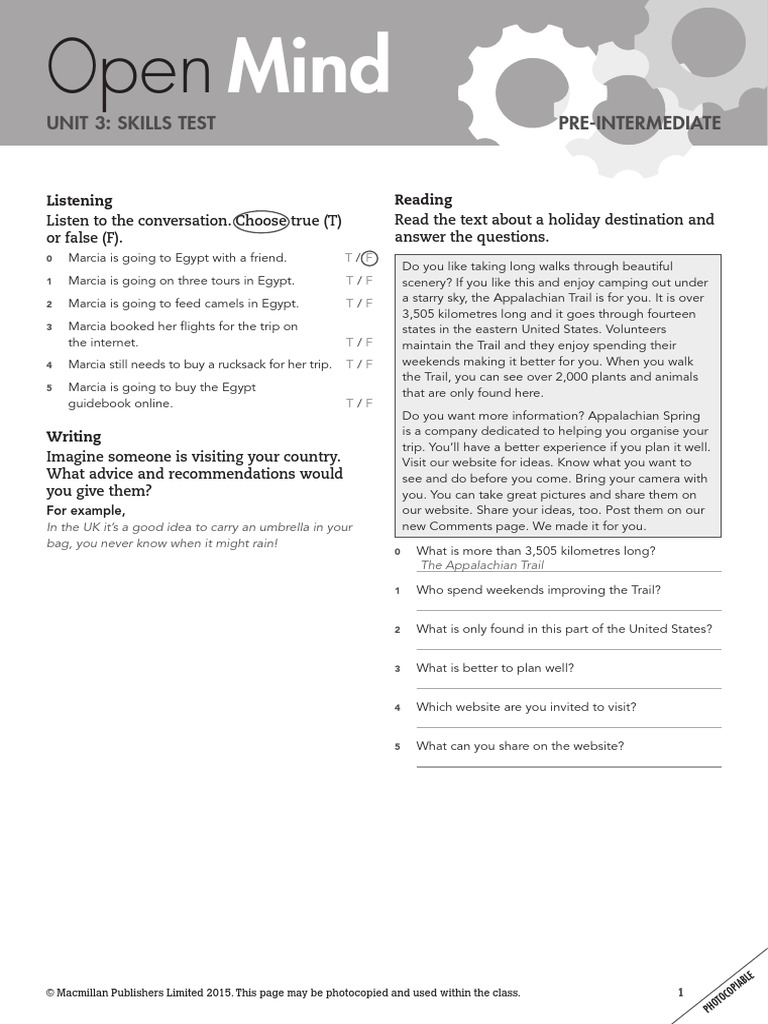 Open Mind Pre-Intermediate Unit 3 Skills Test | PDF | Communication