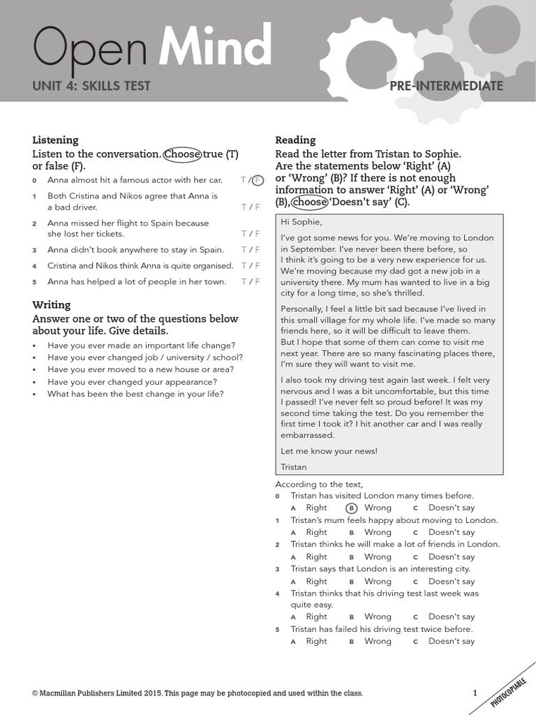 Open Mind Pre-Intermediate Unit 4 Skills Test | PDF