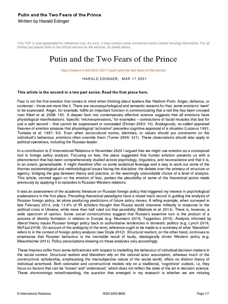 Putin and The Two Fears of The Prince: Written by Harald Edinger | PDF ...